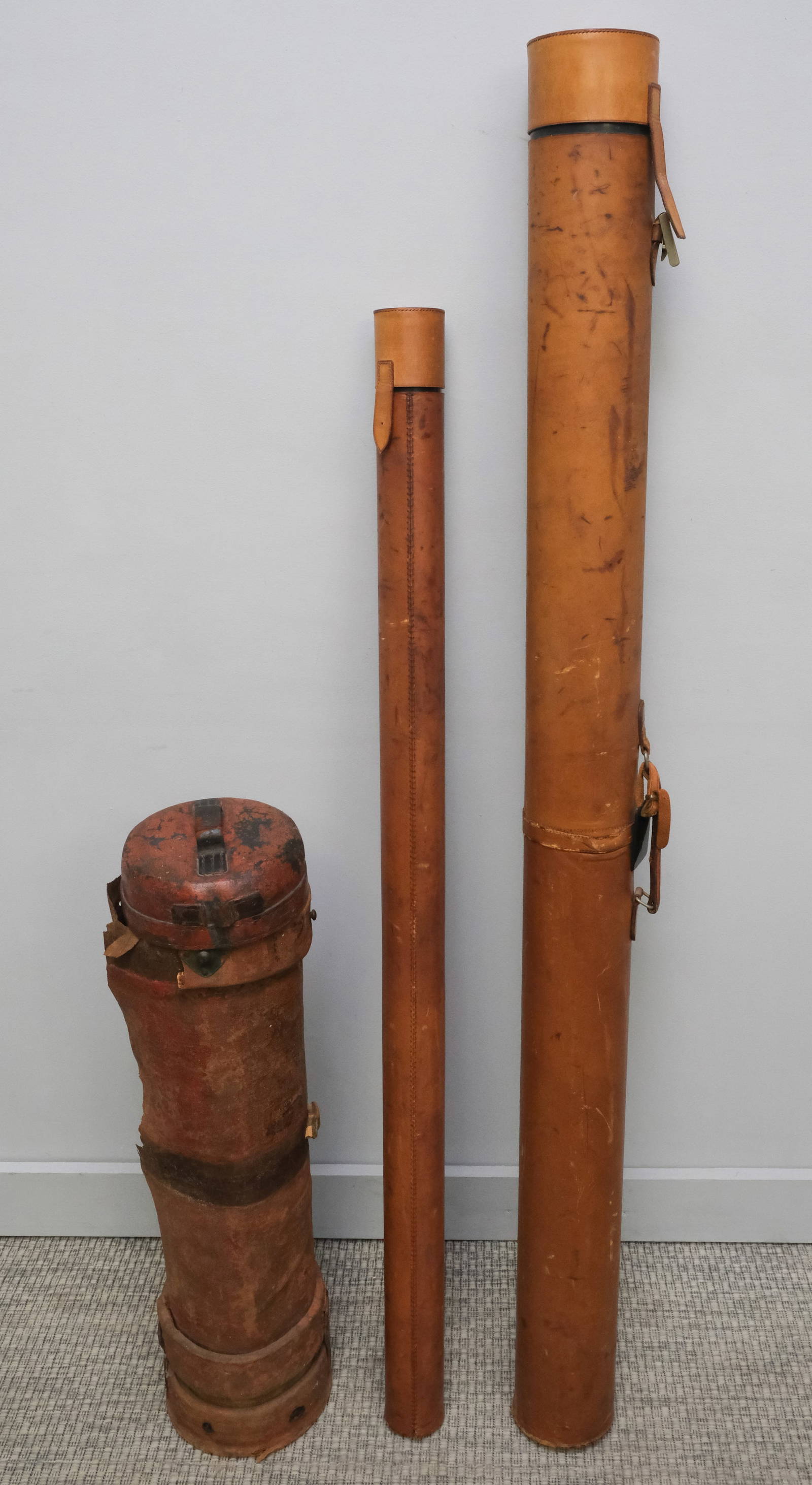 Lot Of Three Leather Cylindrical Cases Auction