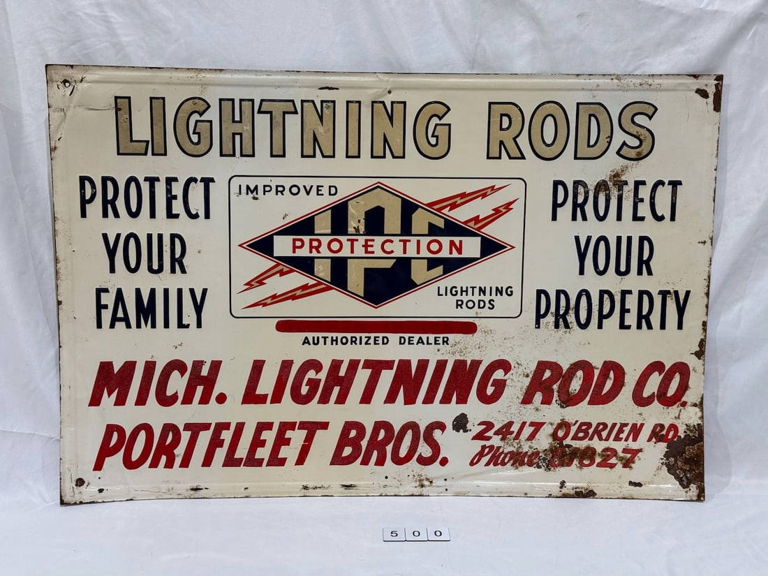 Ipc Lightning Rod Tin Advertising Sign Auction