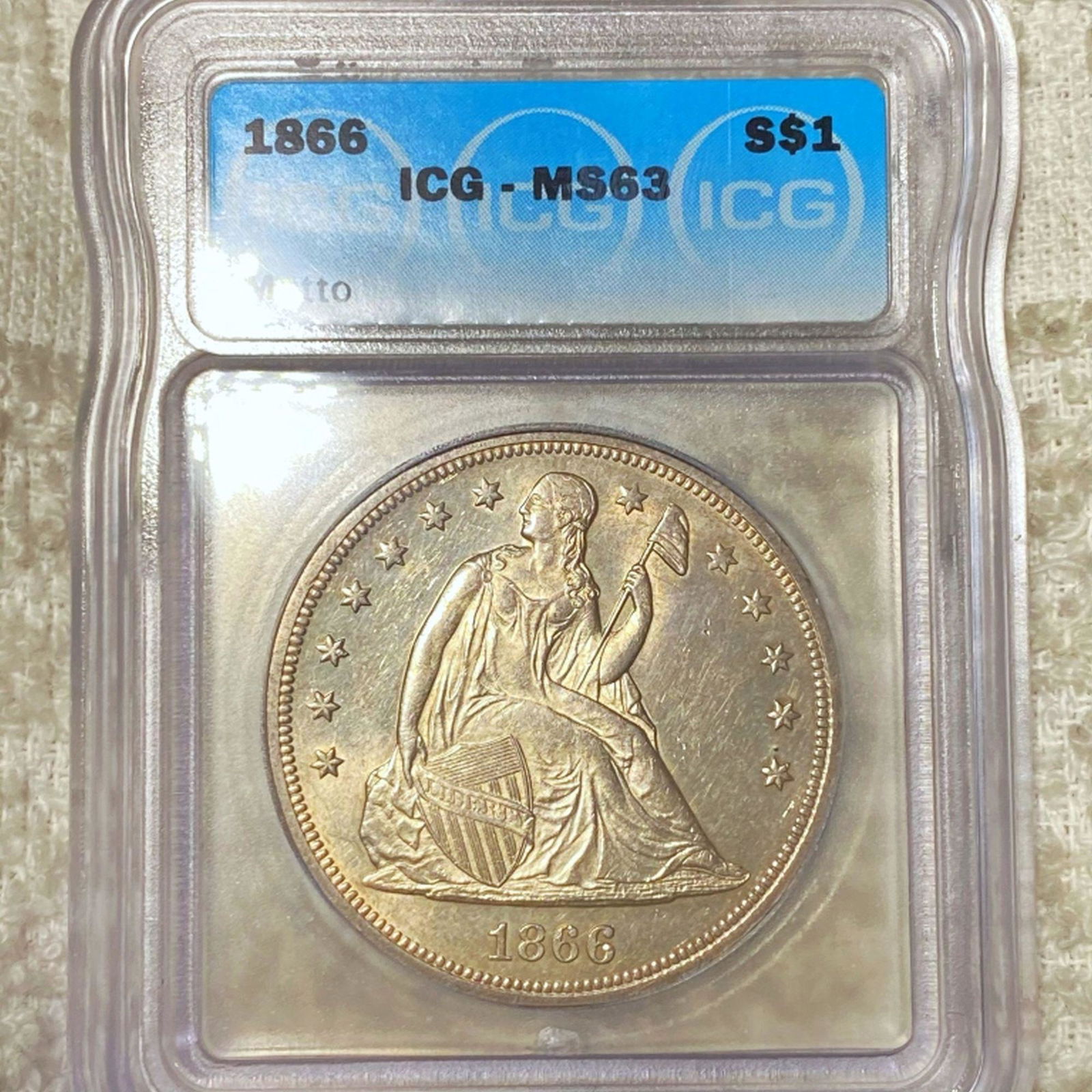 1866 Seated Liberty Dollar Icg Ms63 Motto