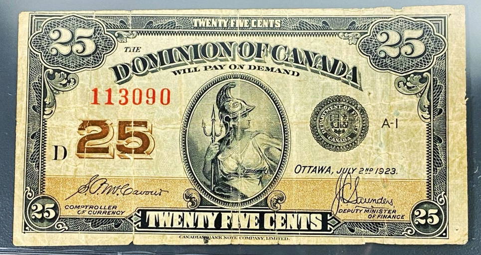 1923 Canadian 25 Cents Bill Au+