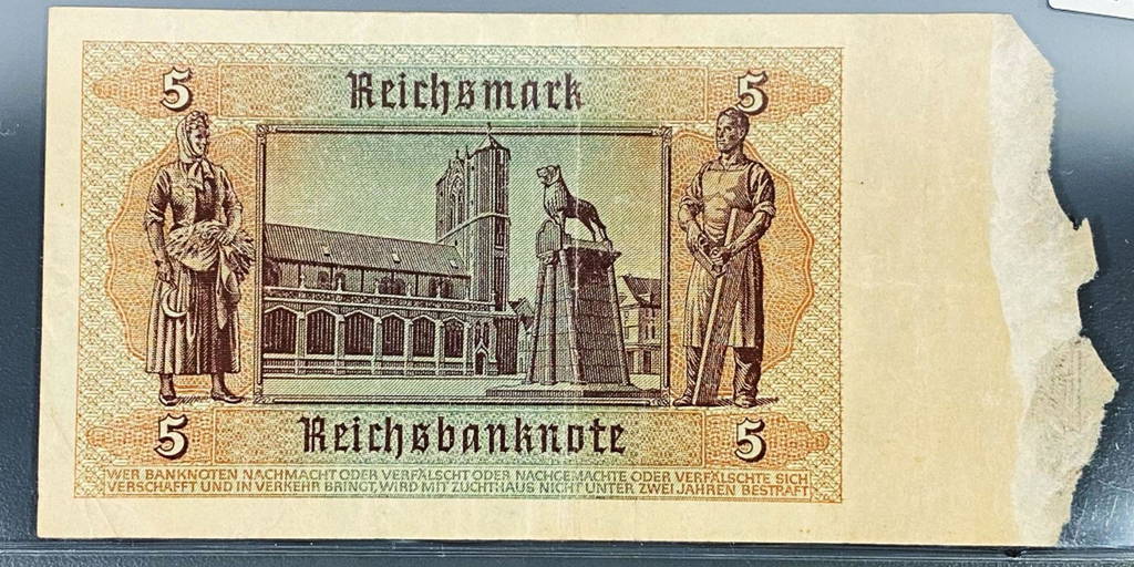 1942 German 5 Mark Note Lightly Circulated