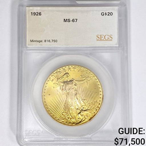 1926 $20 Gold Double Eagle Segs Ms67