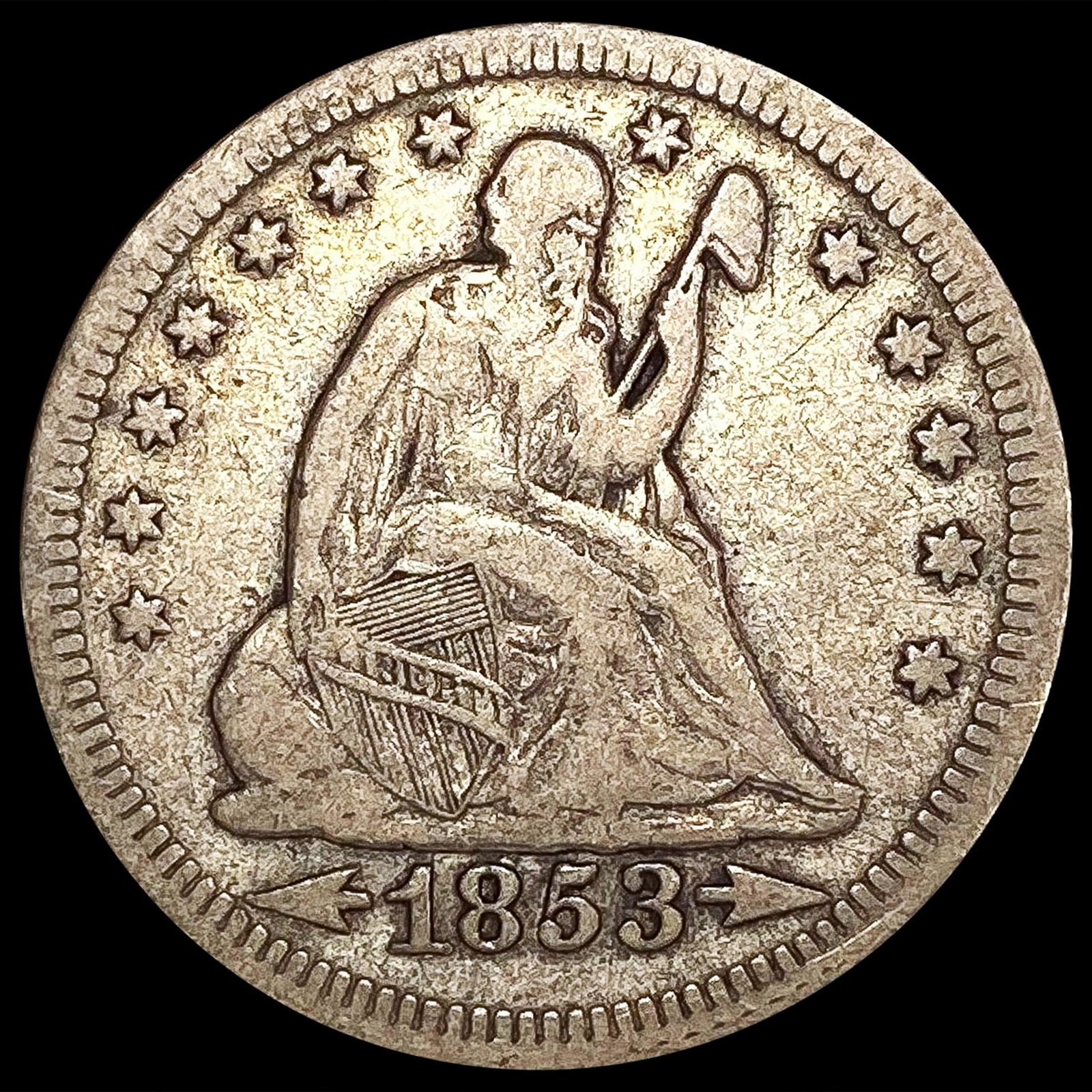 1853 Arws & Rays Seated Liberty Quarter Nicely Cir