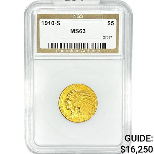 1910 S $5 Gold Half Eagle Ngs Ms63