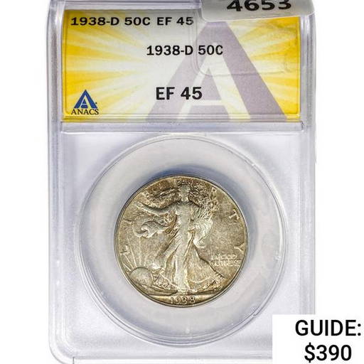 1938 D Walking Liberty Half Dollar Anacs Ef45