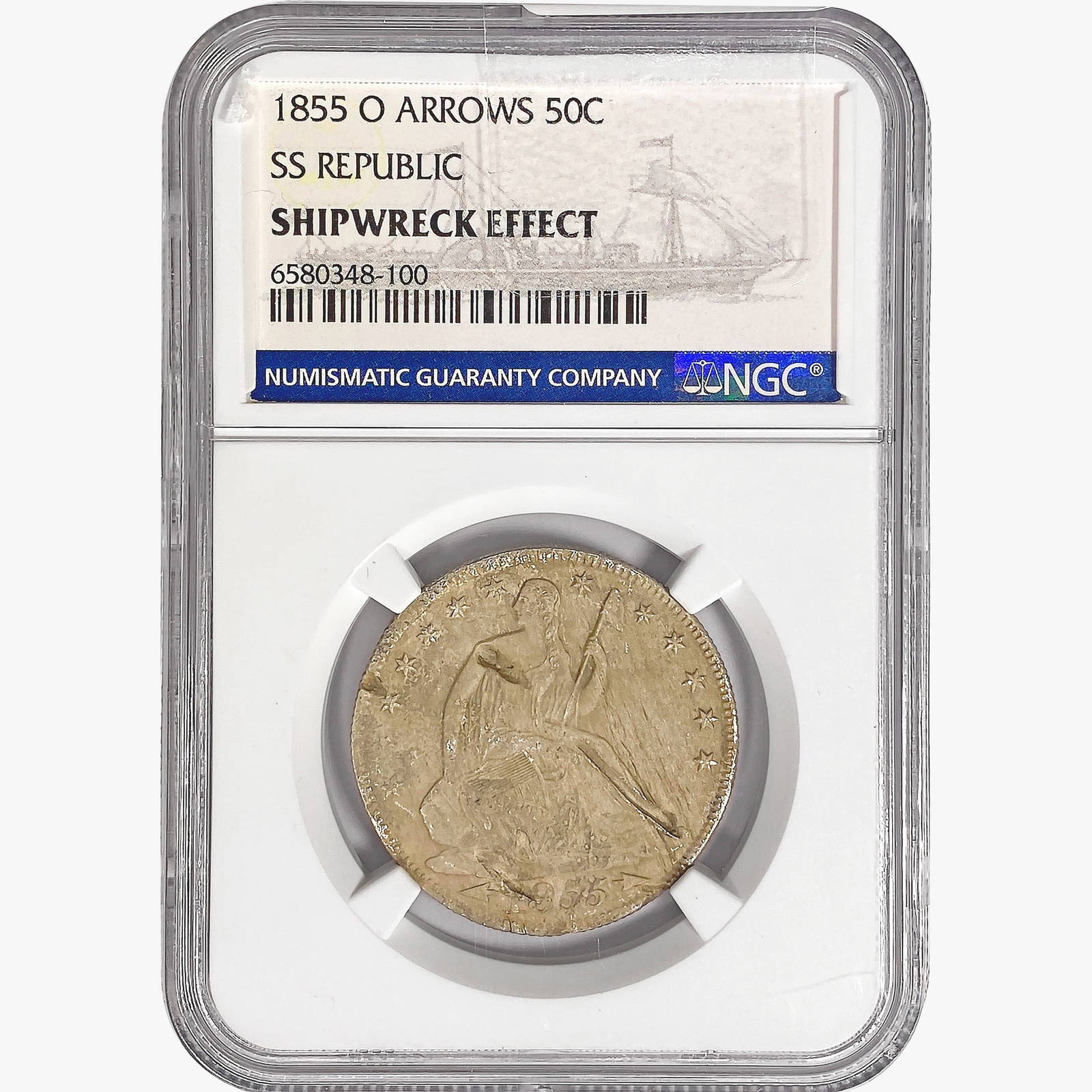 1855-o Seated Lib. 50c Ngc Shipwreck Effect Ss Rep Auction