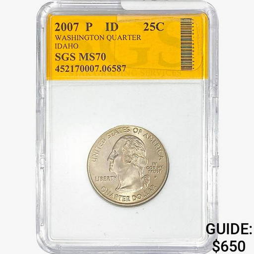 2007 P Washington Silver Quarter Sgs Ms70 Idaho