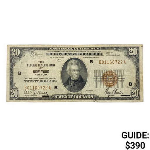 1929 B $20 Us Bank Of New York Fed Res Note