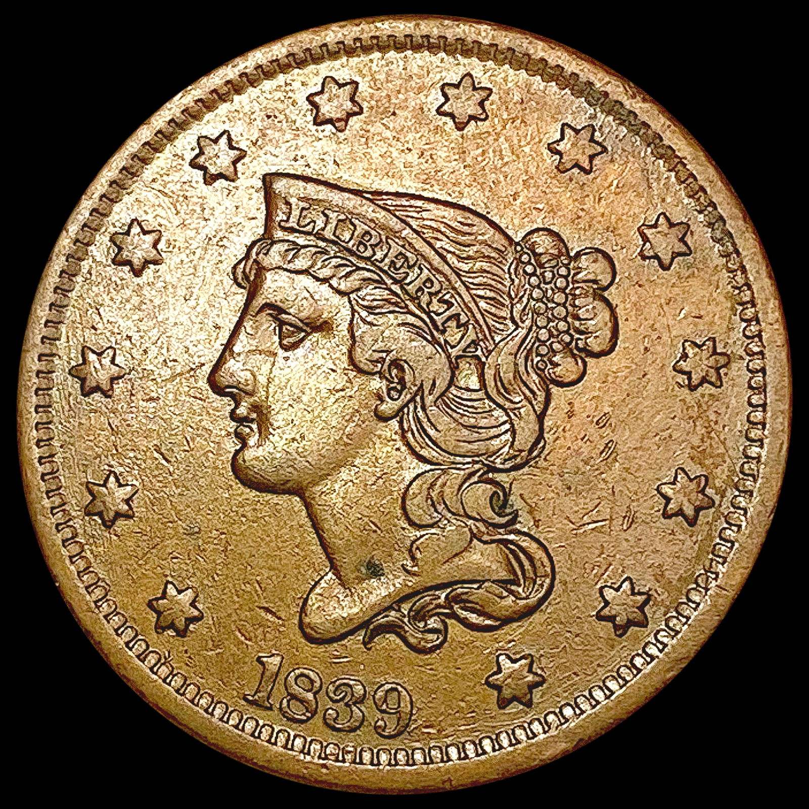 1839 Booby Head Braided Hair Large Cent Nearly Unc Auction
