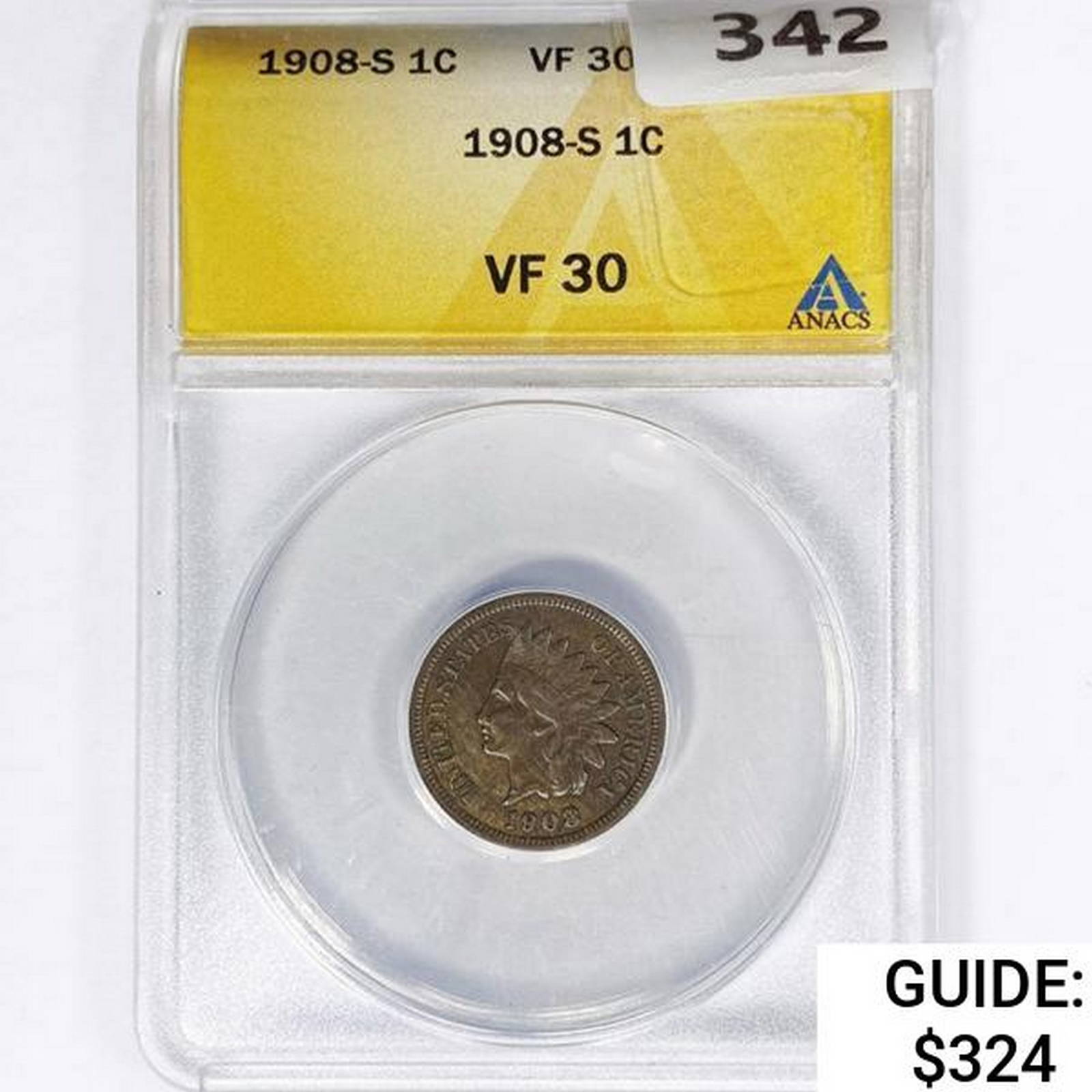 1908-s Indian Head Cent Anacs Vf30 Auction