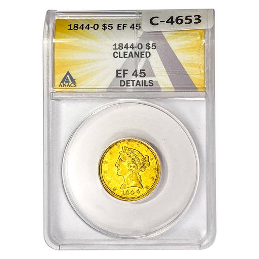 1844 O $5 Gold Half Eagle Anacs Ef45 Details