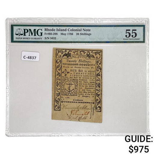 Ri 298 May 1786 20s Twenty Shillings Rhode Island Colonial Note Pmg About Uncirculated 55