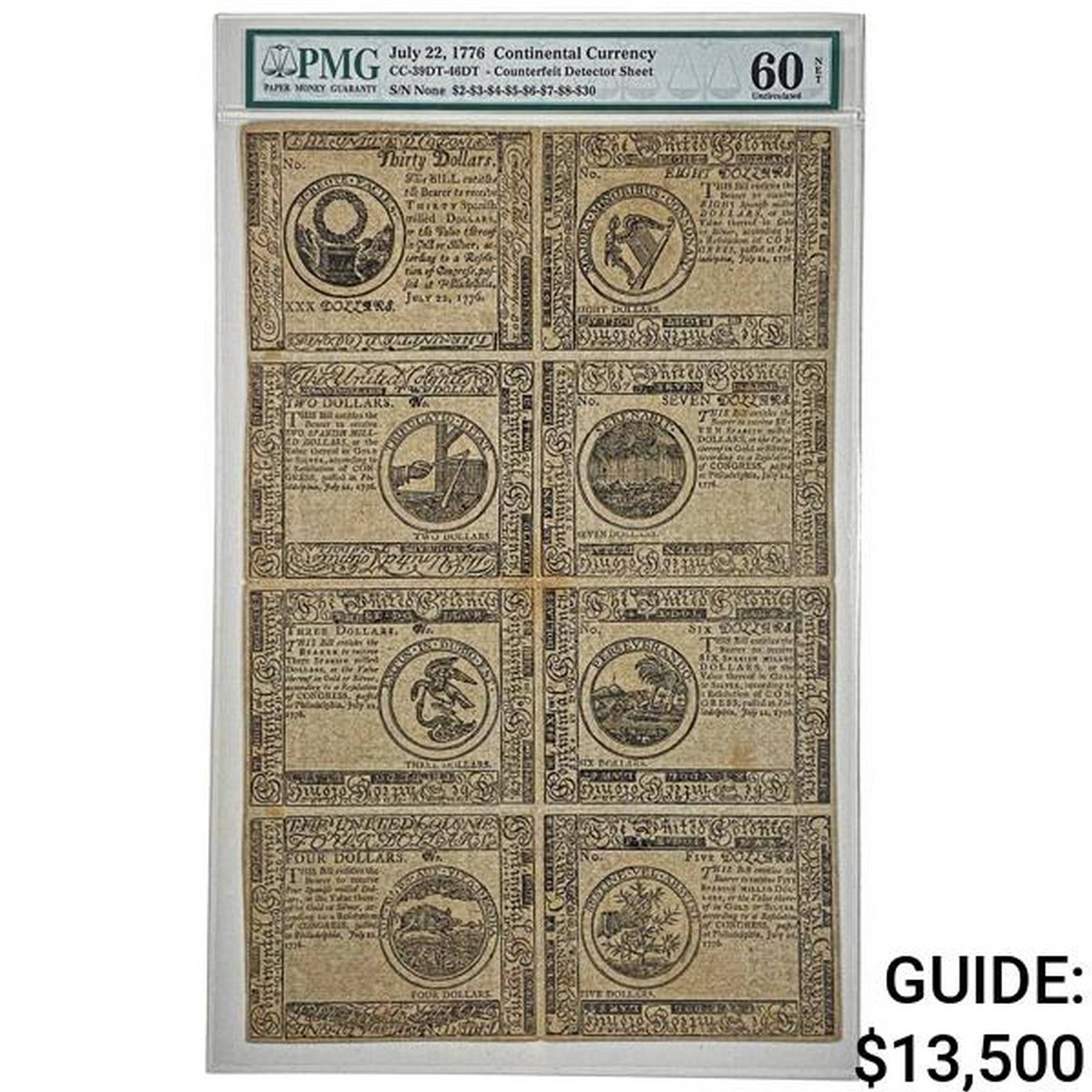 Uncut Sheet Of (8) 1776 Continental Notes Pmg Unc-60 Auction