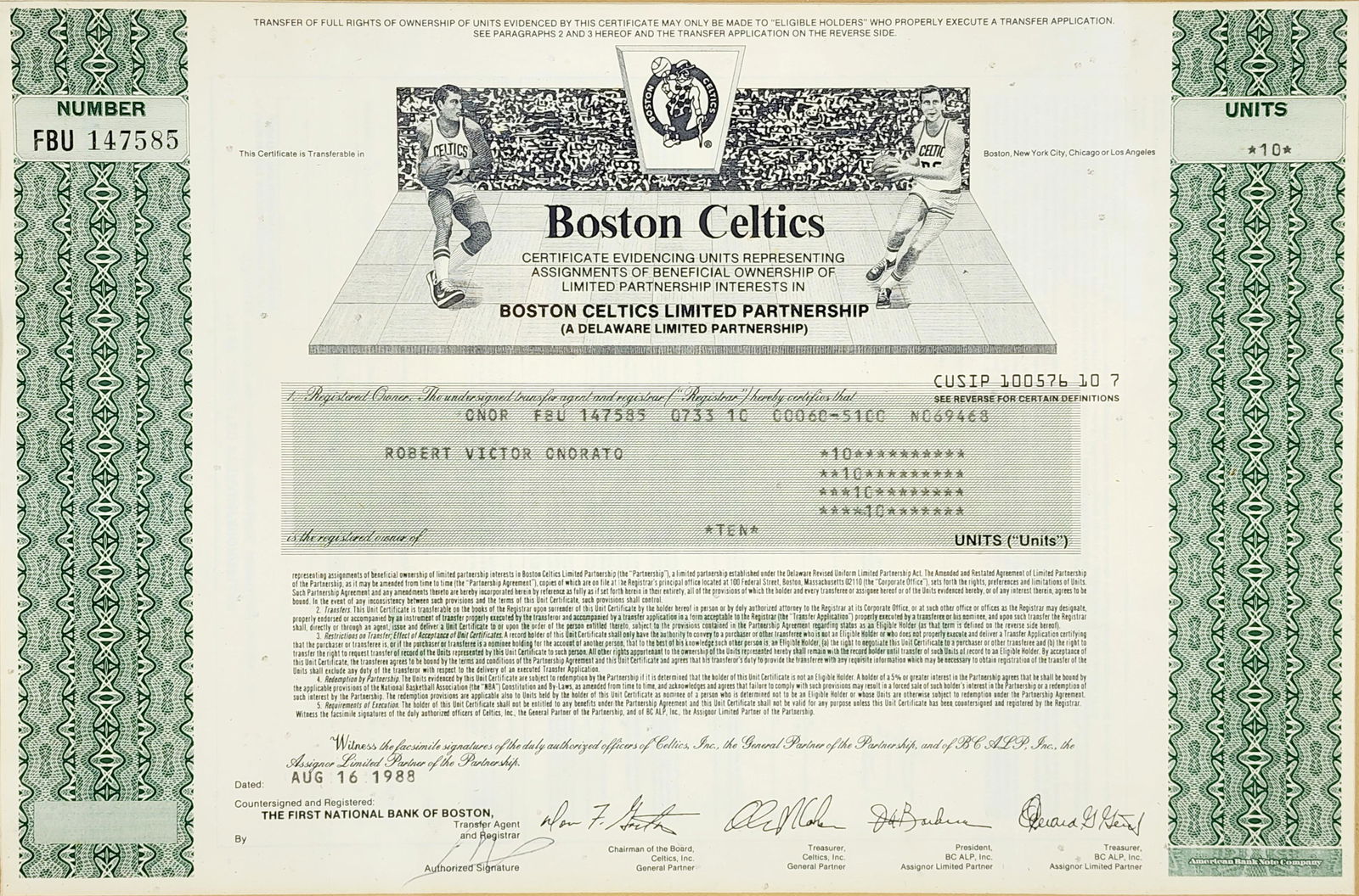 1988 Boston Celtics Limited Partnership Stock Certificate