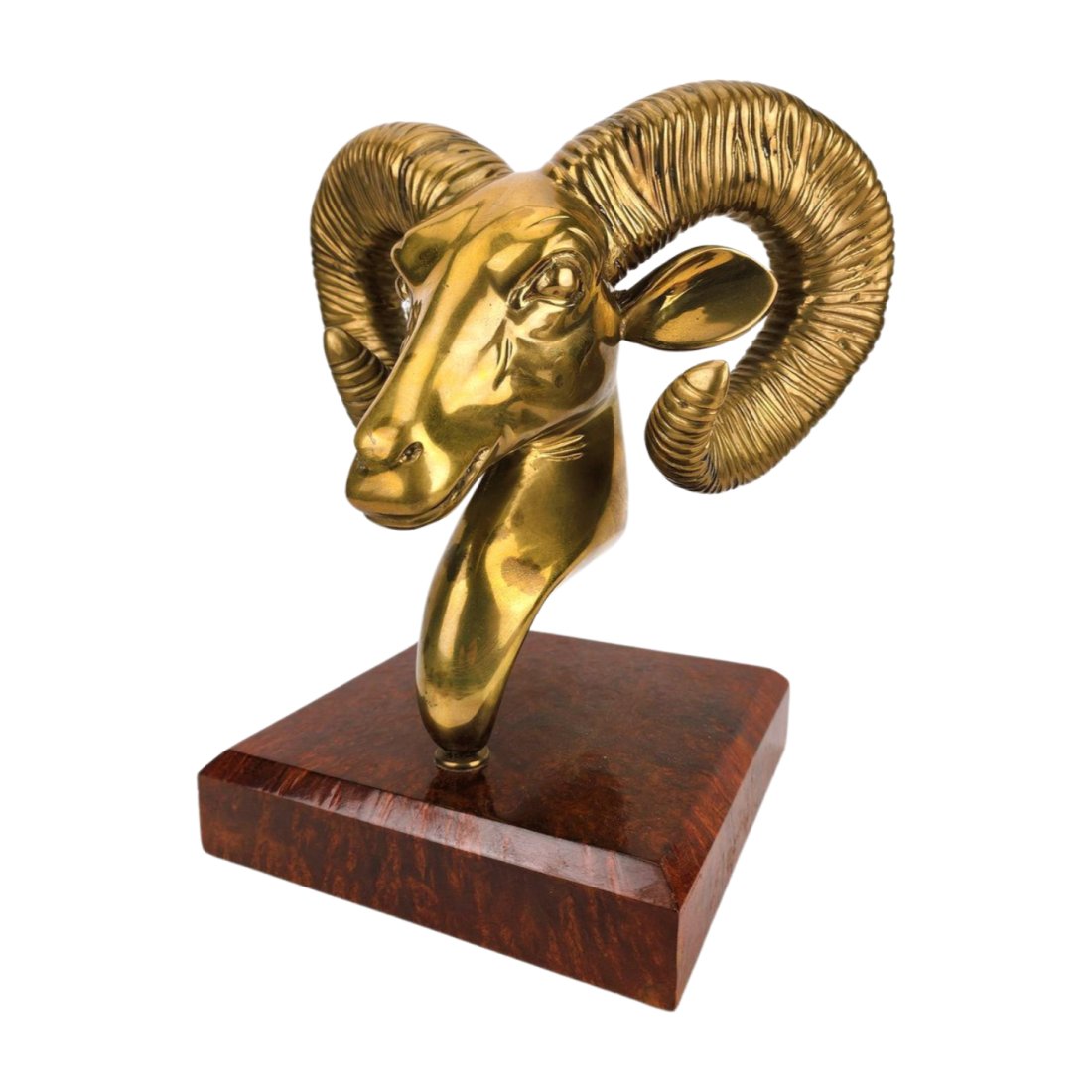 Vintage Large Brass Ram Head Sculpture On Burl Wood Base Auction