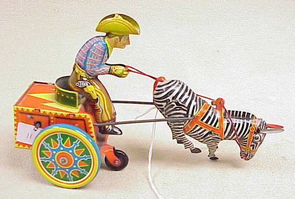 Vintage Tin Wind Up Galop Zebra Cart