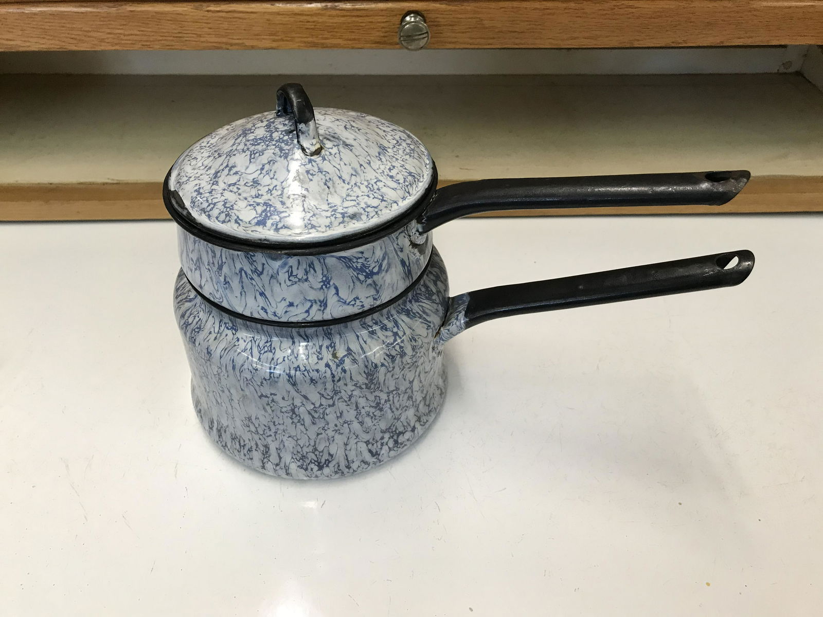 Vintage Blue Swirl Granite Double Boiler