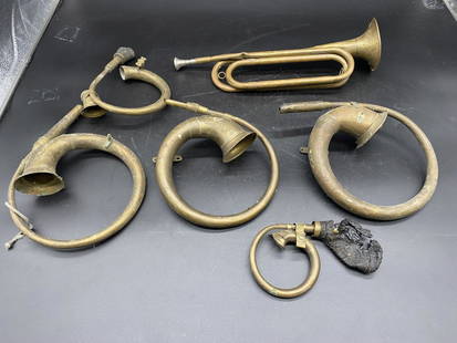 Vintage Brass Bugle And Five Brass Horns