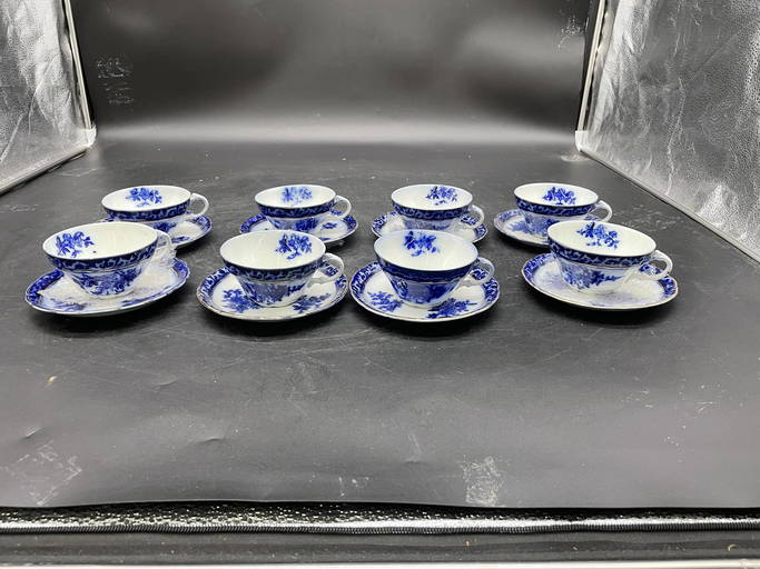 Eight Flow Blue Touraine Cups And Saucers