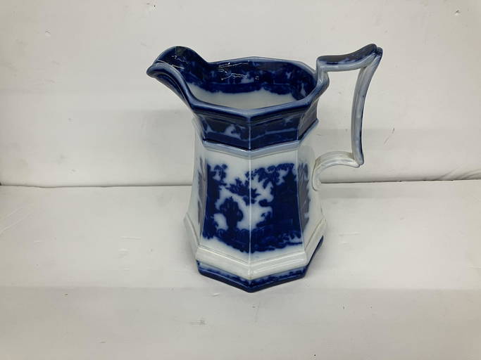 Antique Paneled Flow Blue Water Pitcher