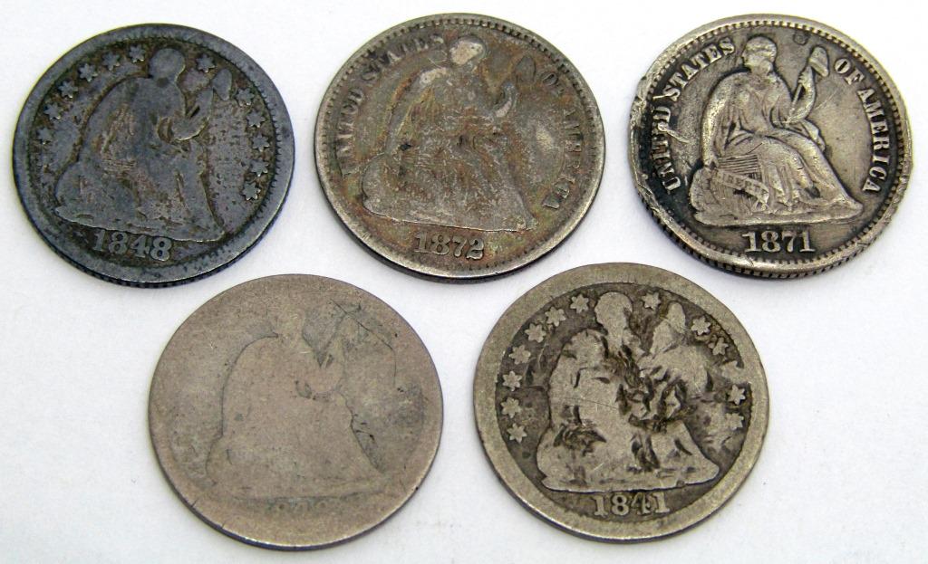 (5) U.s. Silver Half Dimes All Different