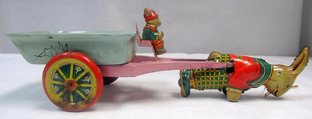 Antique Tinlitho Rabbit Pulling Bunny Cart!