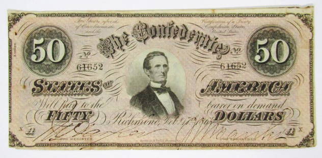 1864 $50 Confederate States Of America Note