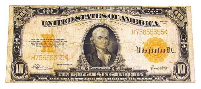 1922 $10 Gold Certificate Large Note