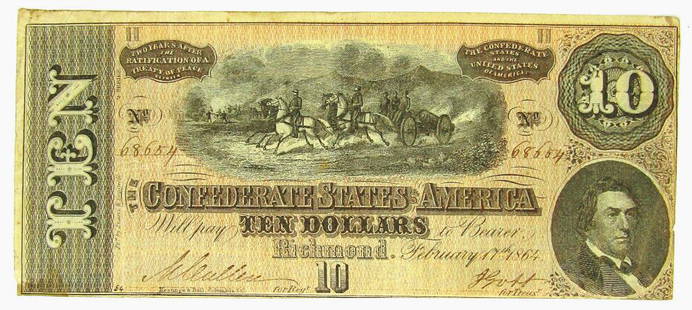 1864 Confederate States Of America $10 Note Richmond