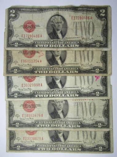 (5) 1928 $2 Red Seal Notes Circ