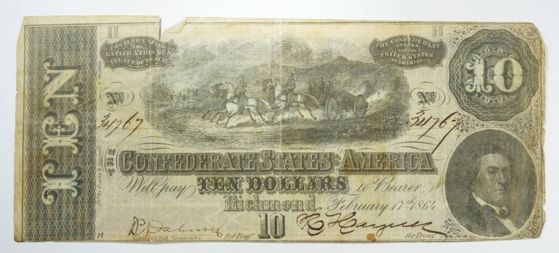 1864 2 Series $10 Confederate Note
