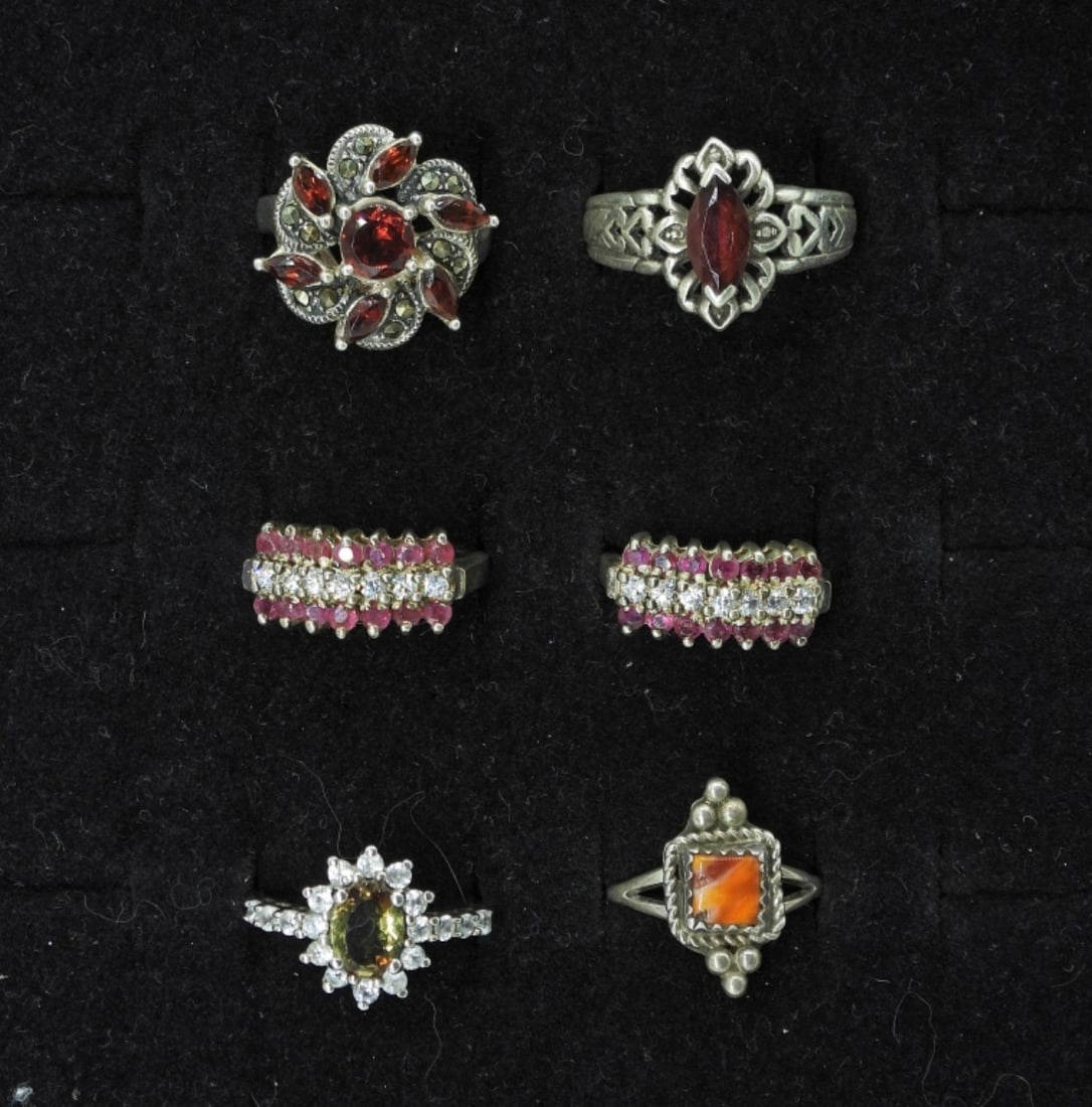 (6) Sterling Red Gemstone Rings Auction