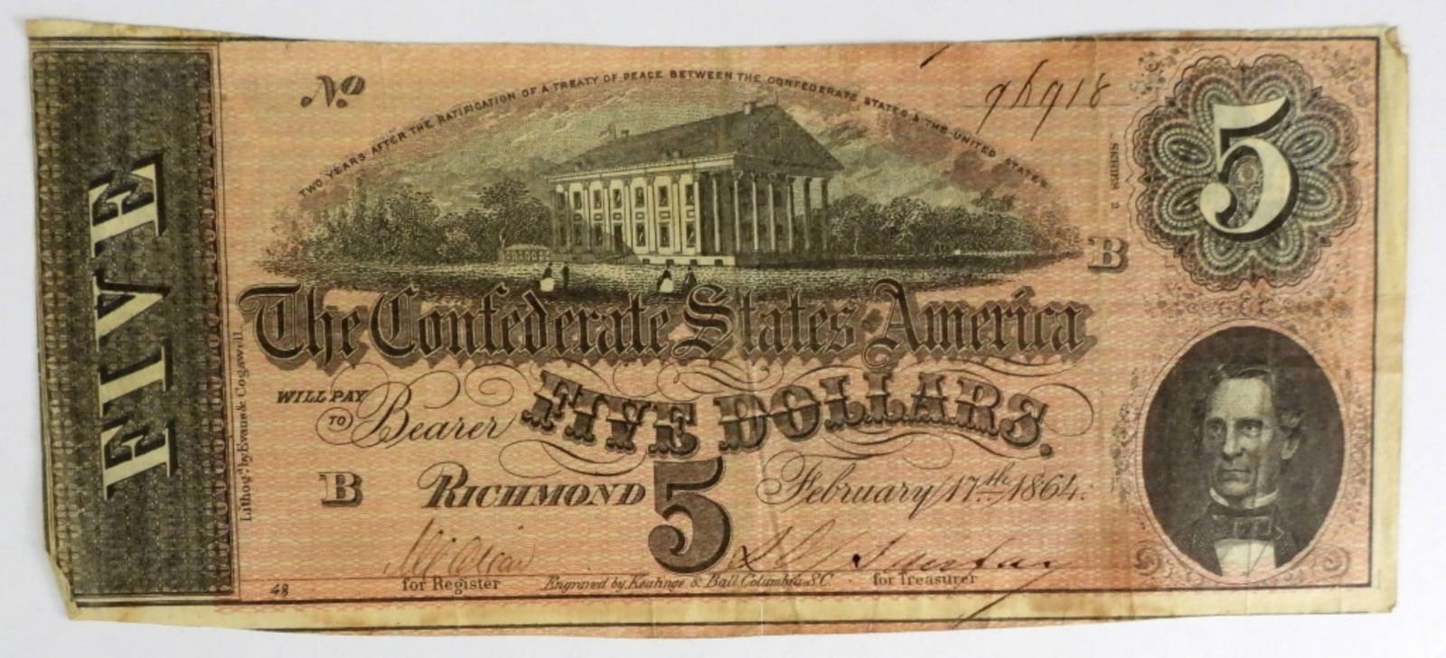 1864 $5 Confederate State Of America Note Auction