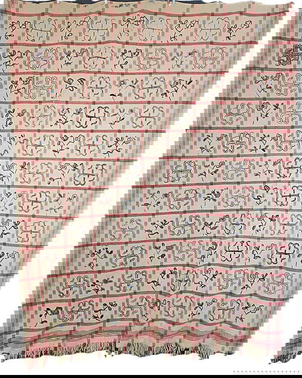 Antique Embroidered Wool Blanket - Red, Cream Auction