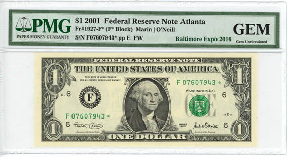Pack Of (100) Consecutive 2001 $1 Federal Reserve Star Notes Atlanta