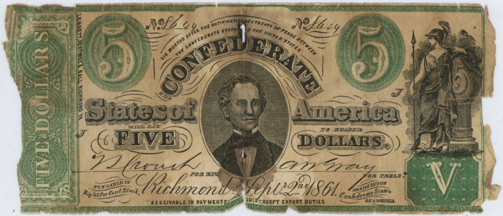 Confederate 1861 $5 Reference Note
