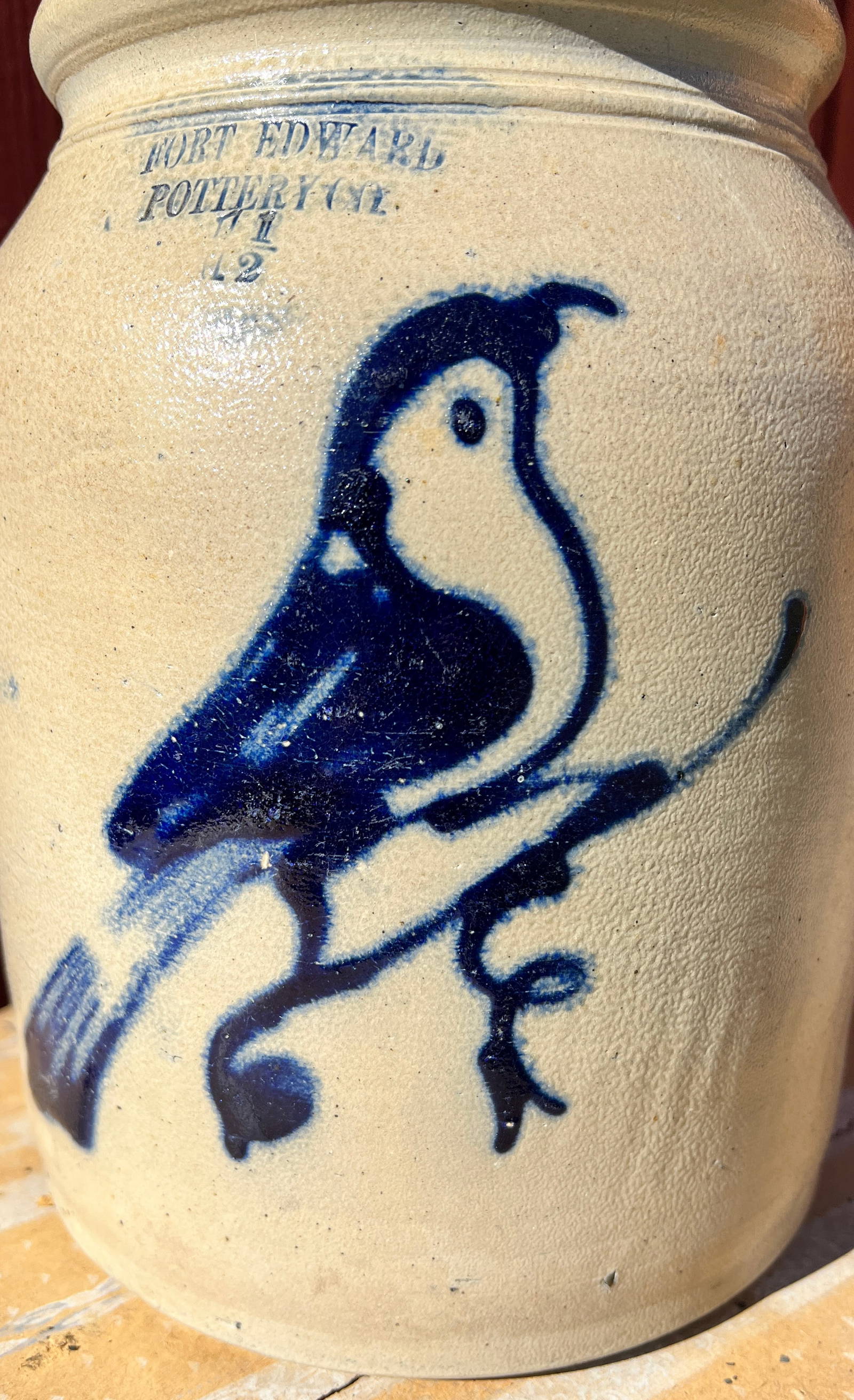 Blue Decorated Stoneware Bird Crock Fort Edward Ny Auction