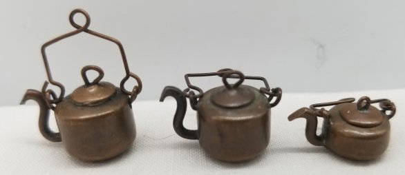 3 Miniature Copper Tea Pots Made From Penny