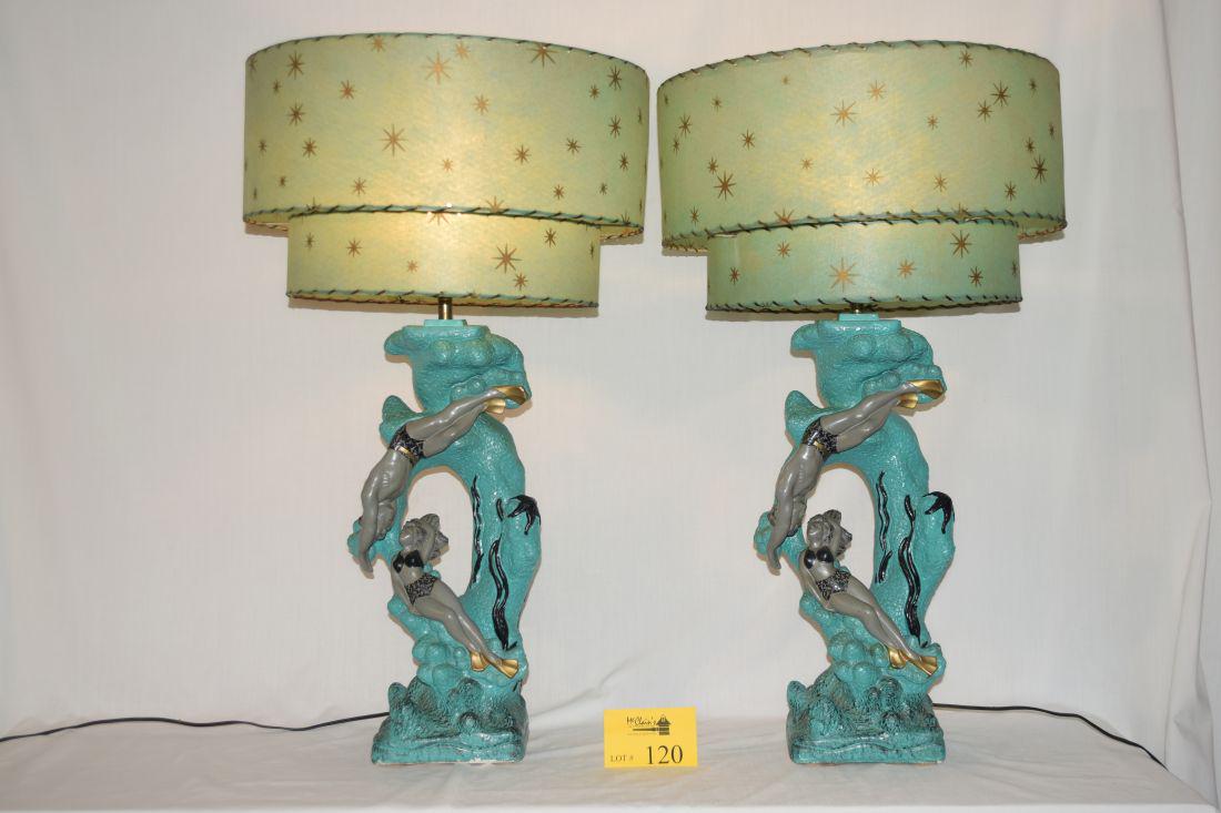 Joe Wallis Chalkware Lamps, Swimmers, Fiberglass Shades