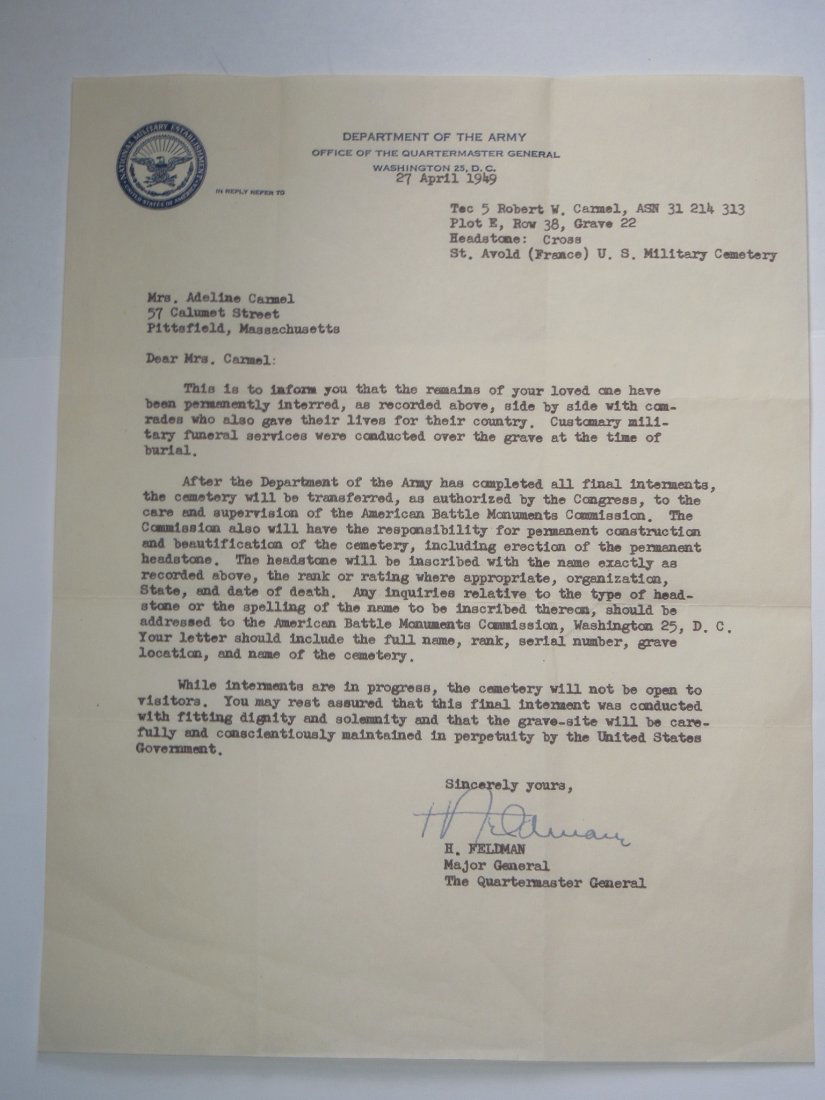 Army WWII General Feldman Signed KIA Letter - Nov 21, 2020 | CNY ...