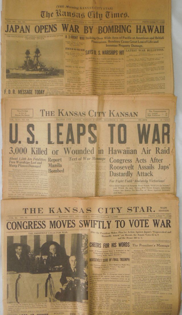 Wwii December 8, 1941 Pearl Harbor Newspaper Lot Kansas