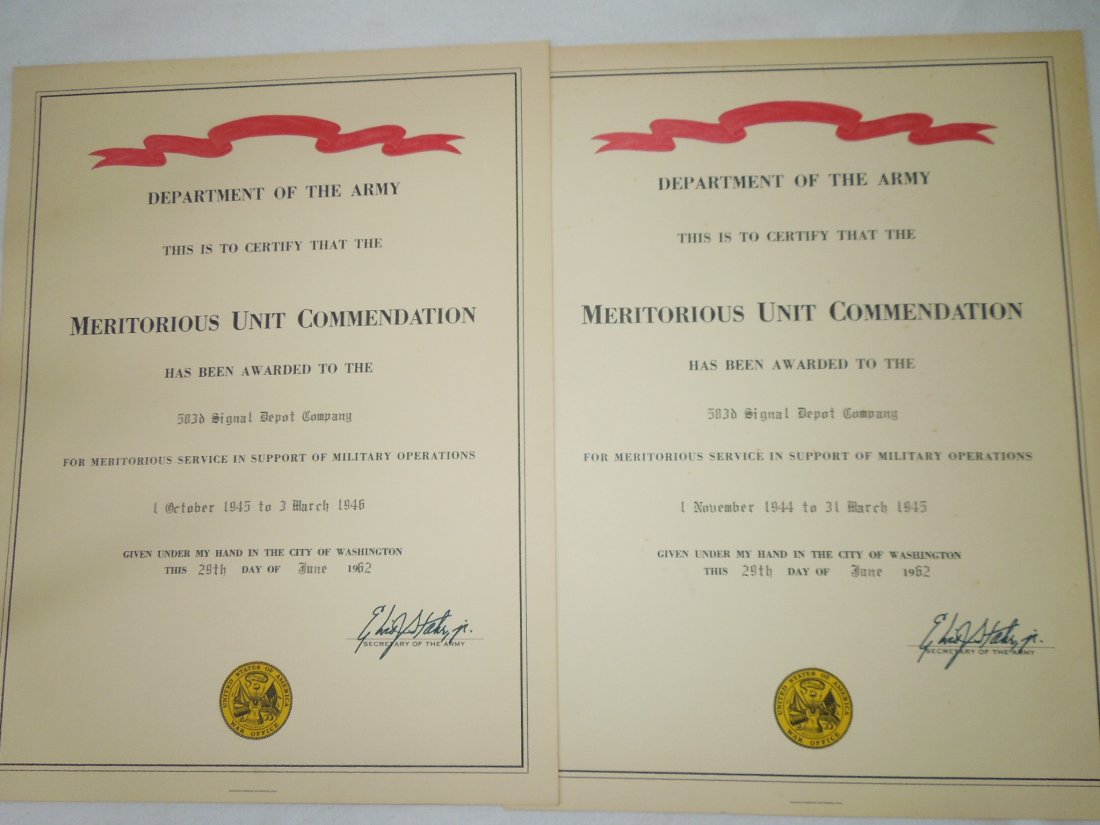 Us Army Muc Certificates 583rd Signal Depot Co. Wwii