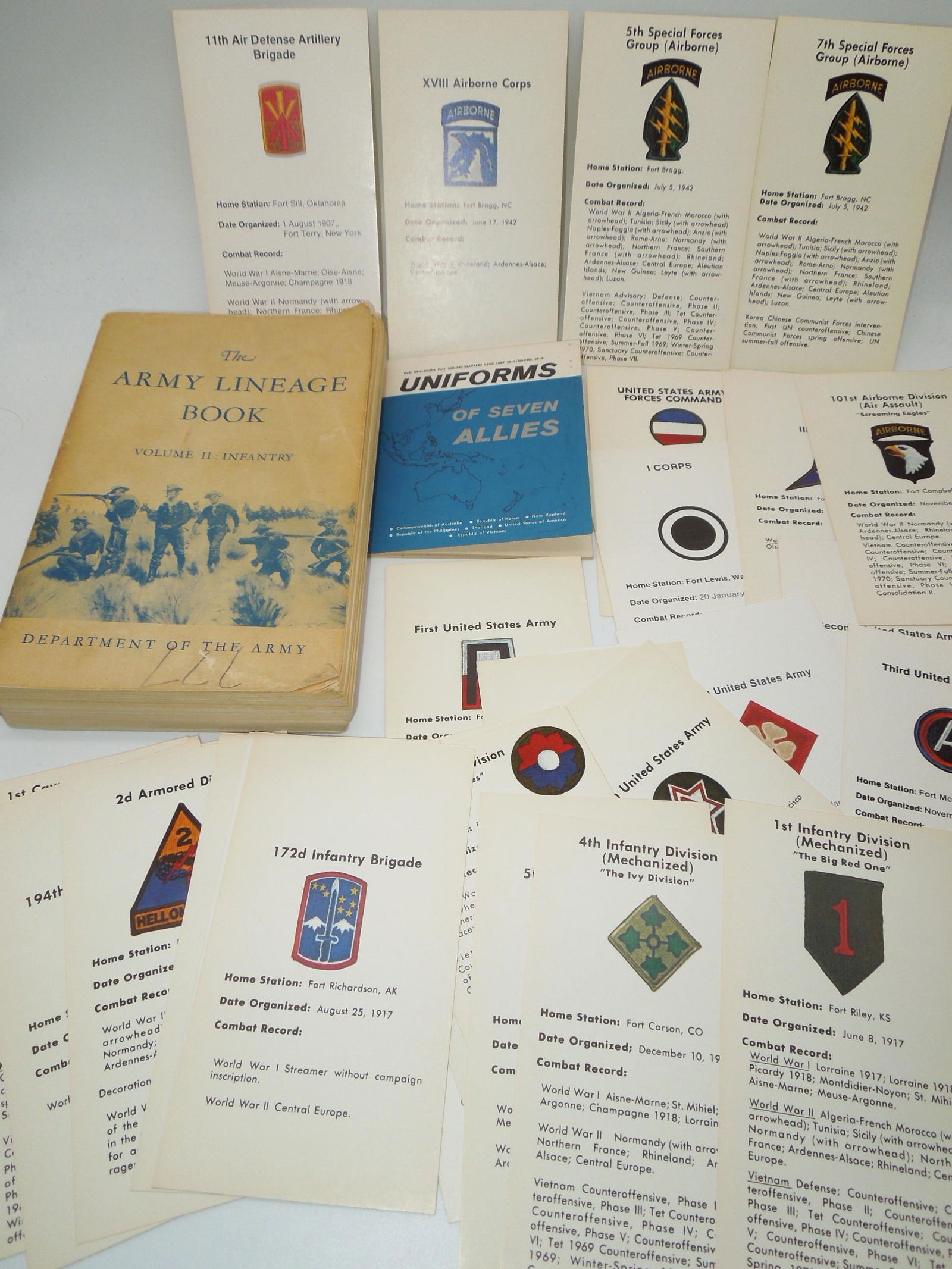 Vintage 1950s 60s Us Army Lineage Book & Unit Patch History Reference Cards