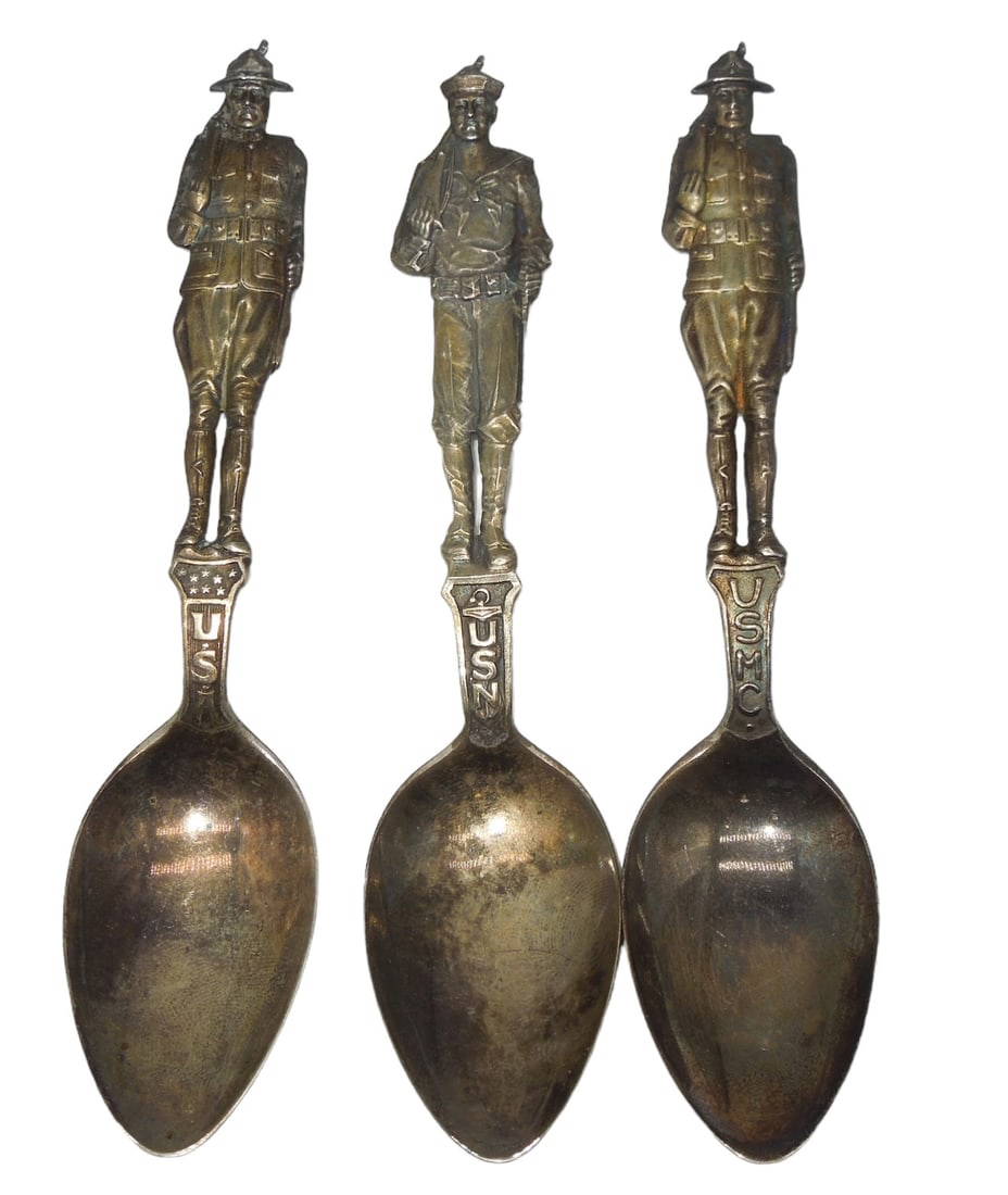 Lot (3) Sterling Wwi Us Army, Navy, Usmc Marine Corps Spoons Auction