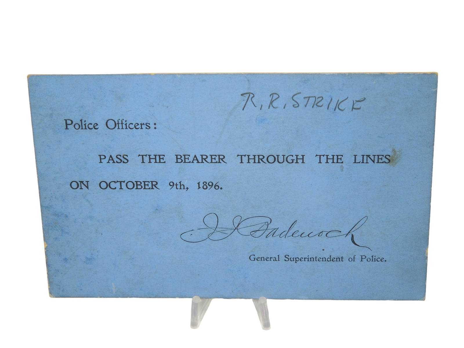 1896 Chicago Police Pass For Railway Riot Strikes Auction