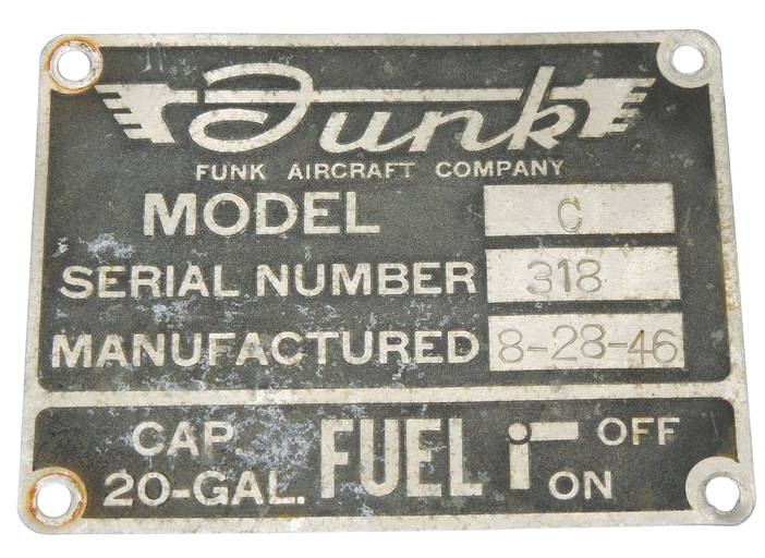 1946 Funk Model C Aircraft Data Plate