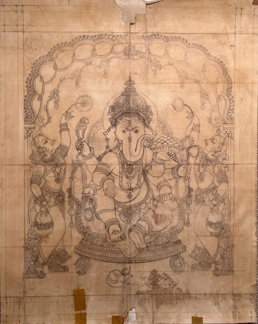 Large Indian Miniature Kota School Drawing On Worship Of Ganesha