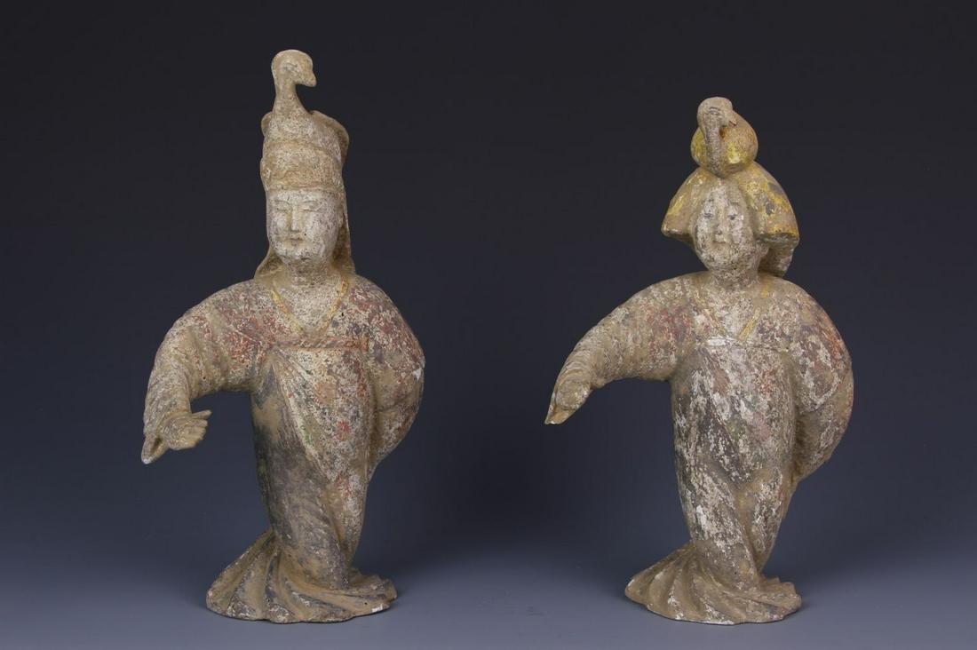 Two Chinese Tang Dynasty Musician Figures