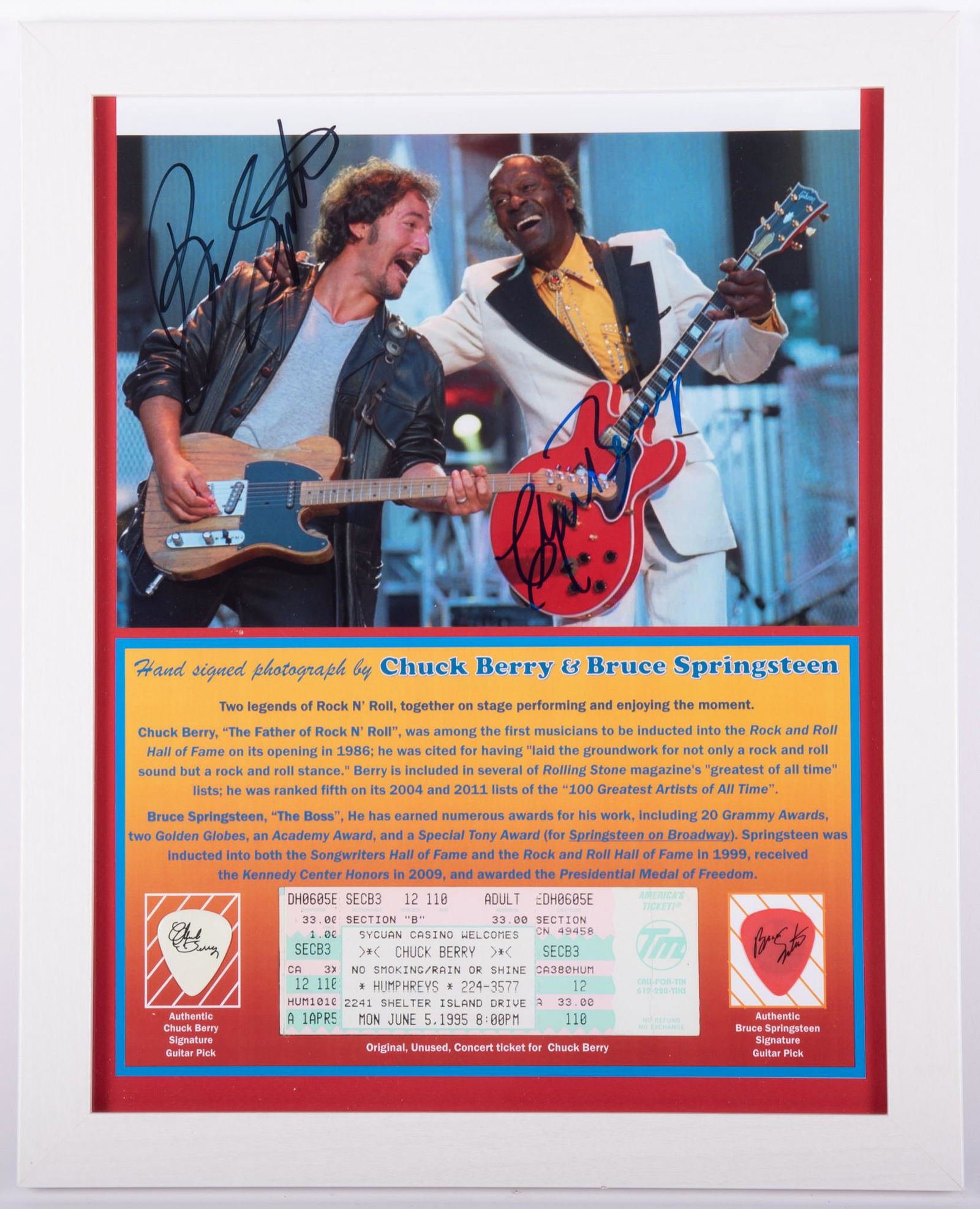 Chuck Berry And Bruce Springsteen Signed Photo/ Two Picks/ Concert ...