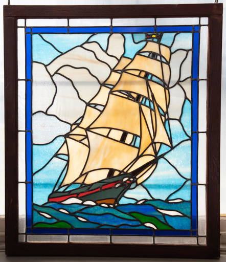 Framed Leaded Glass Window Depicting A Large Sailing Ship At Sea